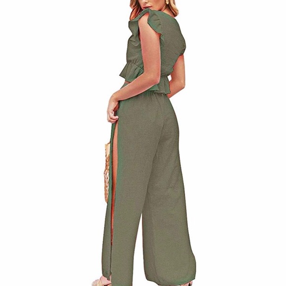 Pants & Jumpsuits | V Neck Crop Top Side Slit Drawstring Jumpsuit ...